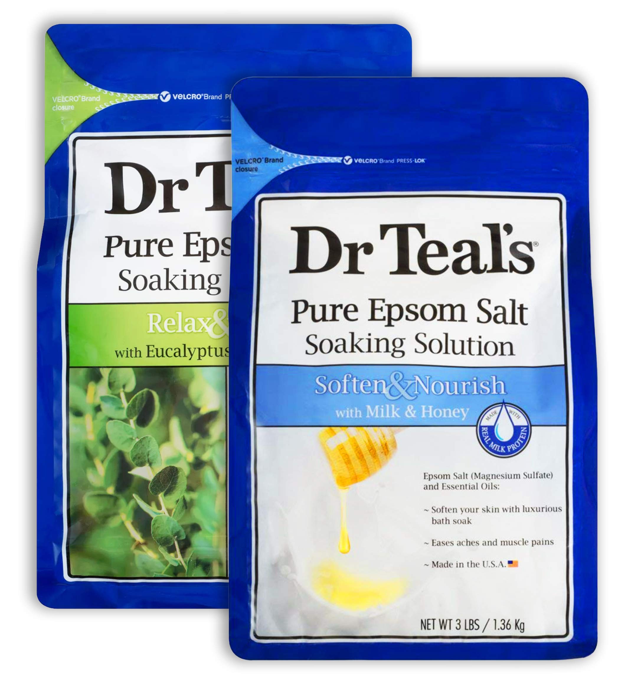 Dr Teal's Epsom Salt Bath Variety Gift Set (2 Pack, 3lb Ea.) - Relax & Relief Eucalyptus & Spearmint, Soften & Nourish Milk & Honey - Essential Oils Blended with Pure Epsom Salt Eases Pain & Stress