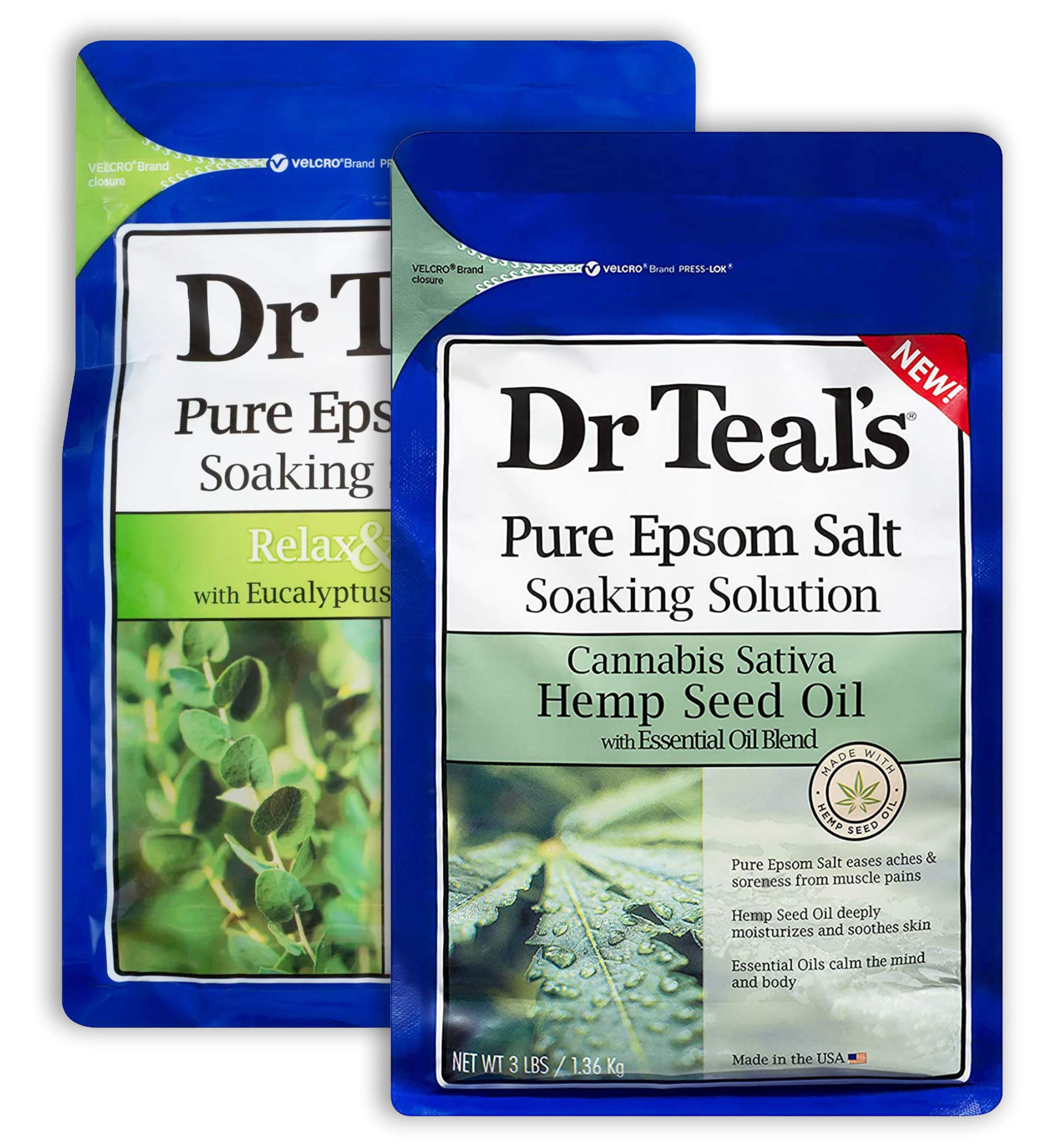 Dr Teal's Epsom Salt Bath Combo Pack (6 lbs Total), Relax & Relief with Eucalyptus & Spearmint, and Hemp Seed Oil