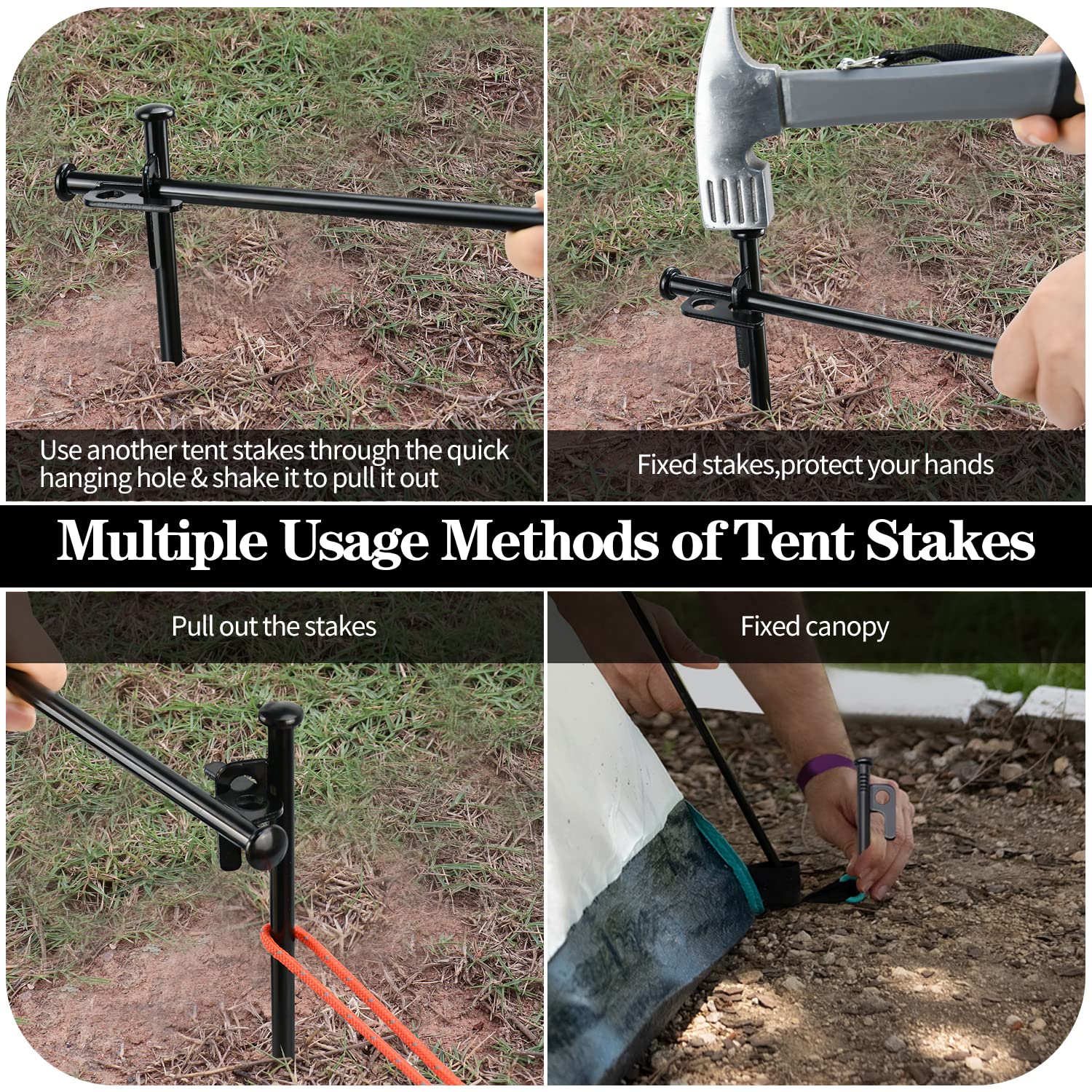 8/10/12/16in Tent Stakes and Hammer Set, 8pcs Heavy Duty Forged Steel Tent Stakes + Camping Hammer + Storage Pouch, Available in Rocky Place(8pcs 10in Stakes and Hammer)