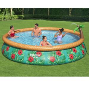 Bestway Fast Set Paradise Palms 15' x 33" Round Inflatable Outdoor Swimming Pool Set with Built-In Palm Tree Sprinkler and Filter Pump