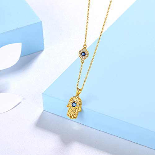 Evil Eye Hamsa Hand Necklace Women 18K Gold Plated Over Sterling Silver Hand of Fatima Evil Eye Necklace Protection Jewelry for Wedding Christmas Necklace Gift for Women Valentine Day FP0176Y