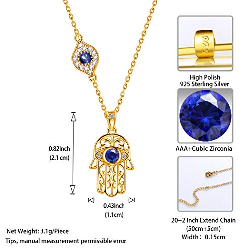 Evil Eye Hamsa Hand Necklace Women 18K Gold Plated Over Sterling Silver Hand of Fatima Evil Eye Necklace Protection Jewelry for Wedding Christmas Necklace Gift for Women Valentine Day FP0176Y