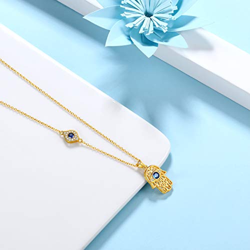 Evil Eye Hamsa Hand Necklace Women 18K Gold Plated Over Sterling Silver Hand of Fatima Evil Eye Necklace Protection Jewelry for Wedding Christmas Necklace Gift for Women Valentine Day FP0176Y