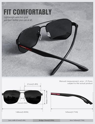 LUENX Aviator Sunglasses for Men Square Polarized Polygon Black Lens Matte Black Frame - UV 400 Protection with Accessories