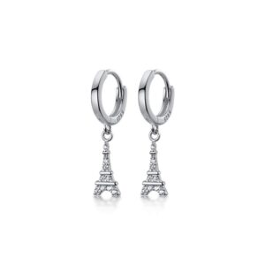 fashion eiffel tower dangle drop hoop earrings s925 sterling silver cubic zirconia crystal dangling charm round huggie hoops earring 10mm studs cute jewelry gifts for women sensitive ears