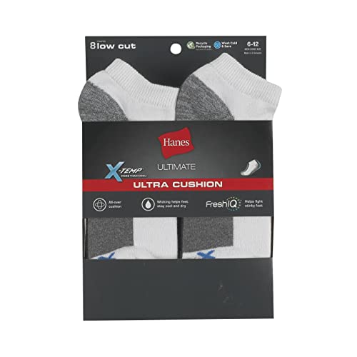 Hanes Mens Max 6 And Ultimate 8-Pack Ultra Cushion FreshIQ Odor Control With Wicking Low Cut Socks, White, White - 8 Pack, 6-12 US