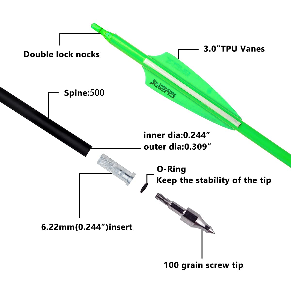 LWANO Carbon Arrow Archery 30inch Hunting Target Practice Arrows for Compound & Recurve Bow Spine 500 with Removable Tips (Pack of 12)(Green)