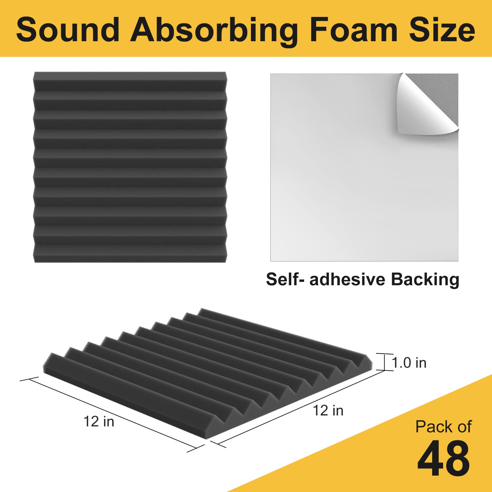 JBER Acoustic Foam Panels, 48 Pack 12x12x1 Inch Upgraded Self-Adhesive Soundproof Wall Panels Sound Absorbing Panel Treatment for Home Office Studio - Black