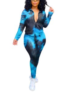 kansoon women jogging suit set textured 2 piece outfit long sleeve zipper jacket + bodycon pants track suits sets blue black l