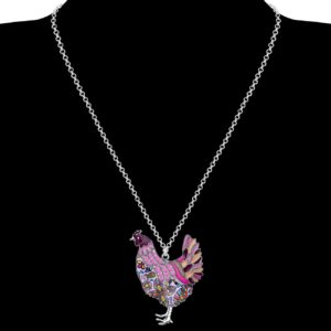 WEVENI Enamel Alloy Rhinestone Chicken Necklace Hen Rooster Pendant Chain Fashion Jewelry Novelty Gifts For Women Ladies (Purple)