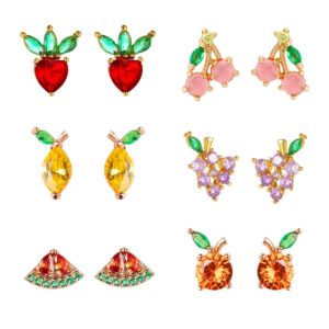 nanafast fruit stud earrings 18k gold plated pineapple grape cherry earrings cubic zirconia stud earrings set for women fruit jewelry gifts 6 pairs