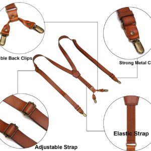 RC ROCKCOW Genuine Leather Suspenders for Men, Y Design Leather Suspenders with 4 Metal Clips, Groomsmen Gift for Wedding