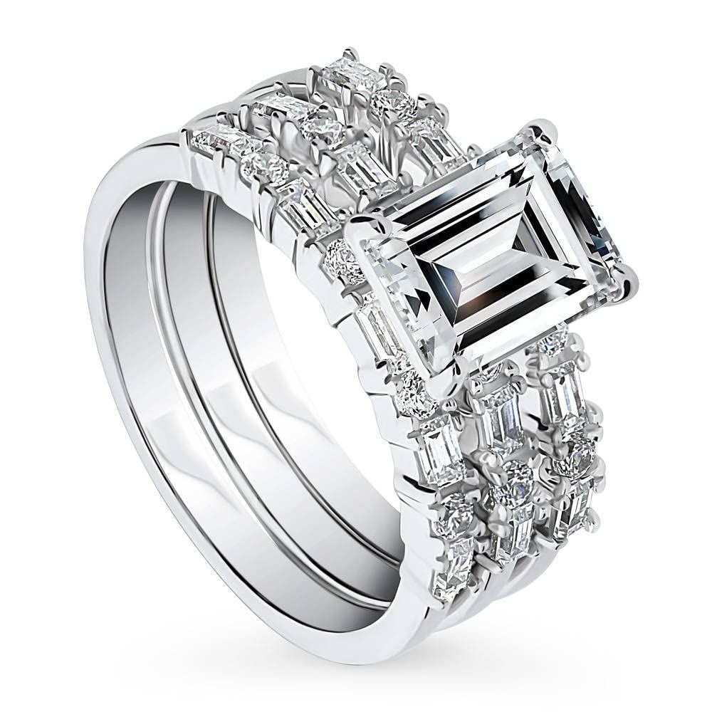 BERRICLE Sterling Silver Solitaire Wedding Engagement Rings 2.1 Carat Emerald Cut Cubic Zirconia CZ Art Deco Ring Set for Women, Rhodium Plated Size 5