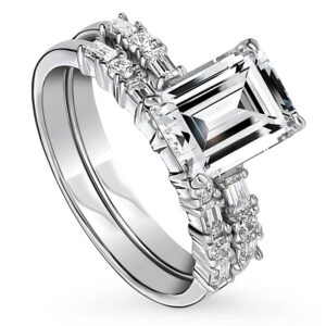 berricle sterling silver solitaire wedding engagement rings 2.1 carat emerald cut cubic zirconia cz art deco ring set for women, rhodium plated size 5