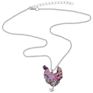 WEVENI Enamel Alloy Rhinestone Chicken Necklace Hen Rooster Pendant Chain Fashion Jewelry Novelty Gifts For Women Ladies (Purple)