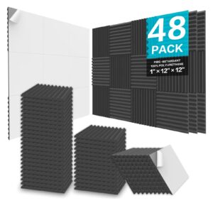 jber acoustic foam panels, 48 pack 12x12x1 inch upgraded self-adhesive soundproof wall panels sound absorbing panel treatment for home office studio - black