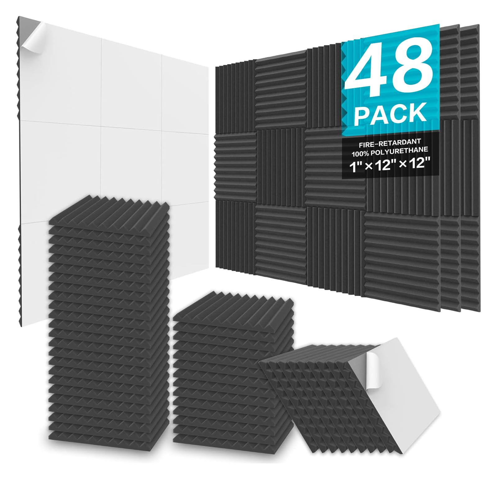 JBER Acoustic Foam Panels, 48 Pack 12x12x1 Inch Upgraded Self-Adhesive Soundproof Wall Panels Sound Absorbing Panel Treatment for Home Office Studio - Black