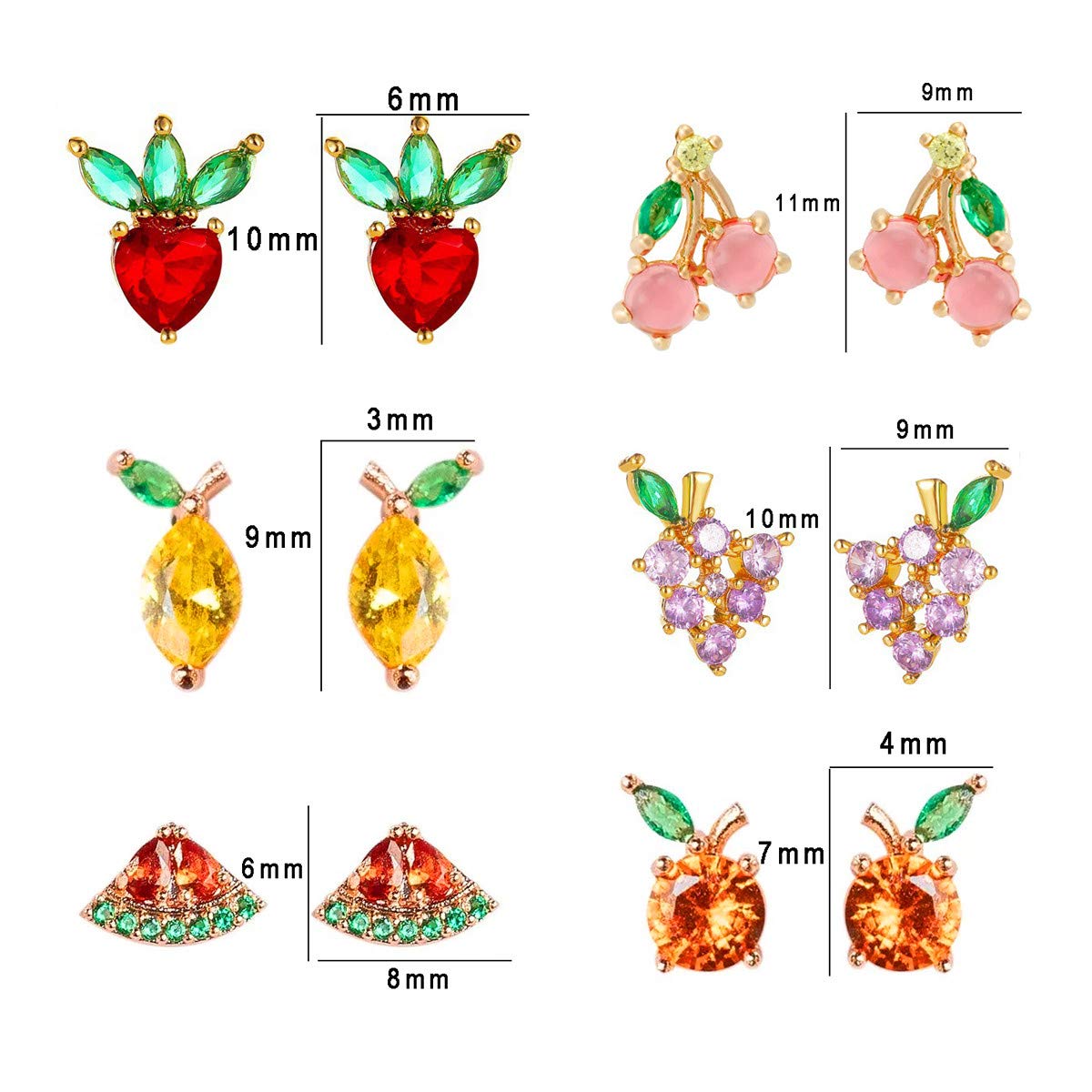 Nanafast Fruit Stud Earrings 18K Gold Plated Pineapple Grape Cherry Earrings Cubic Zirconia Stud Earrings Set for Women Fruit Jewelry Gifts 6 pairs