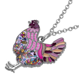 WEVENI Enamel Alloy Rhinestone Chicken Necklace Hen Rooster Pendant Chain Fashion Jewelry Novelty Gifts For Women Ladies (Purple)