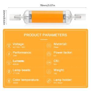 78mm 10W R7S LED COB Light Bulb 100W Equivalent T3 J78 J-Type Linear Bulb 120V R7S Base Dimmable 78mm Double Ended Flood Light Bulbs 360°Beam Angle Landscape Lights 3000K (Warm White, 4 Pack)