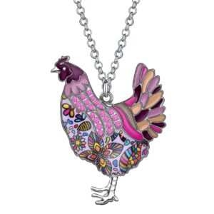 weveni enamel alloy rhinestone chicken necklace hen rooster pendant chain fashion jewelry novelty gifts for women ladies (purple)