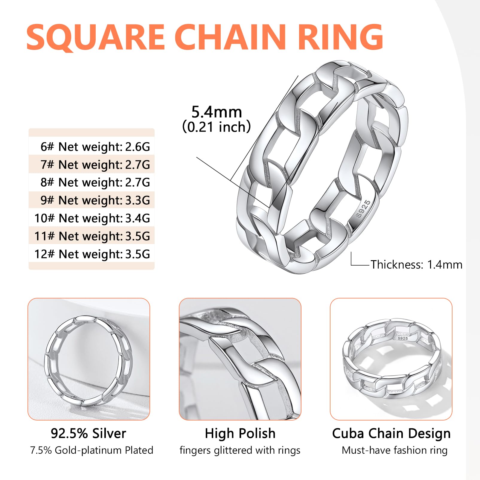 Silvora Sturdy Man Ring 925 Sterling Silver Knot Cuban Link Chain Jewelry Women Band Stacking Rings Size 9