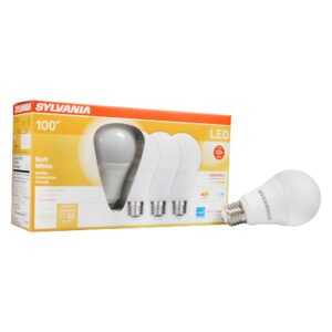 sylvania led light bulb, a19, 100w equivalent, efficient 16w, 13 year, medium base, dimmable, frosted, 2700k, soft white - 4 pack (40737)