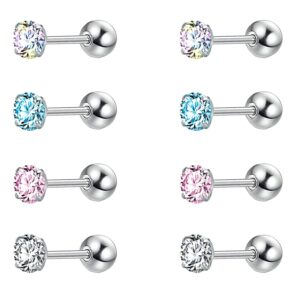 4 pairs shiny cubic zirconia surgical steel stud earrings set for girls, 20g cartilage tragus helix conch piercing sets for women (round,cz size 4mm)