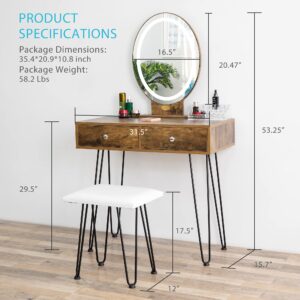 VIVOHOME Industrial Vanity Set with 3-Color Lighted Mirror and Acrylic Makeup Organizer, Dressing Table with PU Cushioned Stool