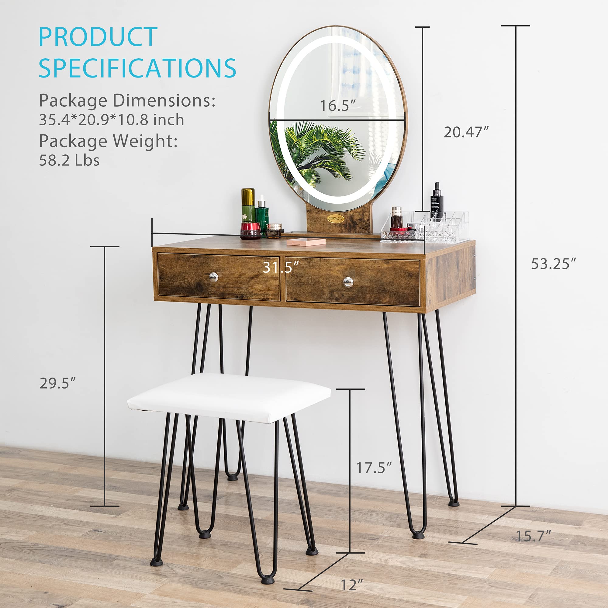 VIVOHOME Industrial Vanity Set with 3-Color Lighted Mirror and Acrylic Makeup Organizer, Dressing Table with PU Cushioned Stool