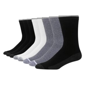 hanes mens max cushioned moisture-wicking control, multi-pack ultimate 8-pack ultra freshiq odor with wicking crew socks, white/black/grey assorted, white/grey/black - 8 pack, 6-12 us