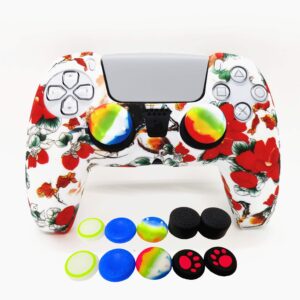 skin for ps5 controller grips, silicone case cover for playstation 5 anti-slip protector with 10pcs thumb joysticks caps (flower)