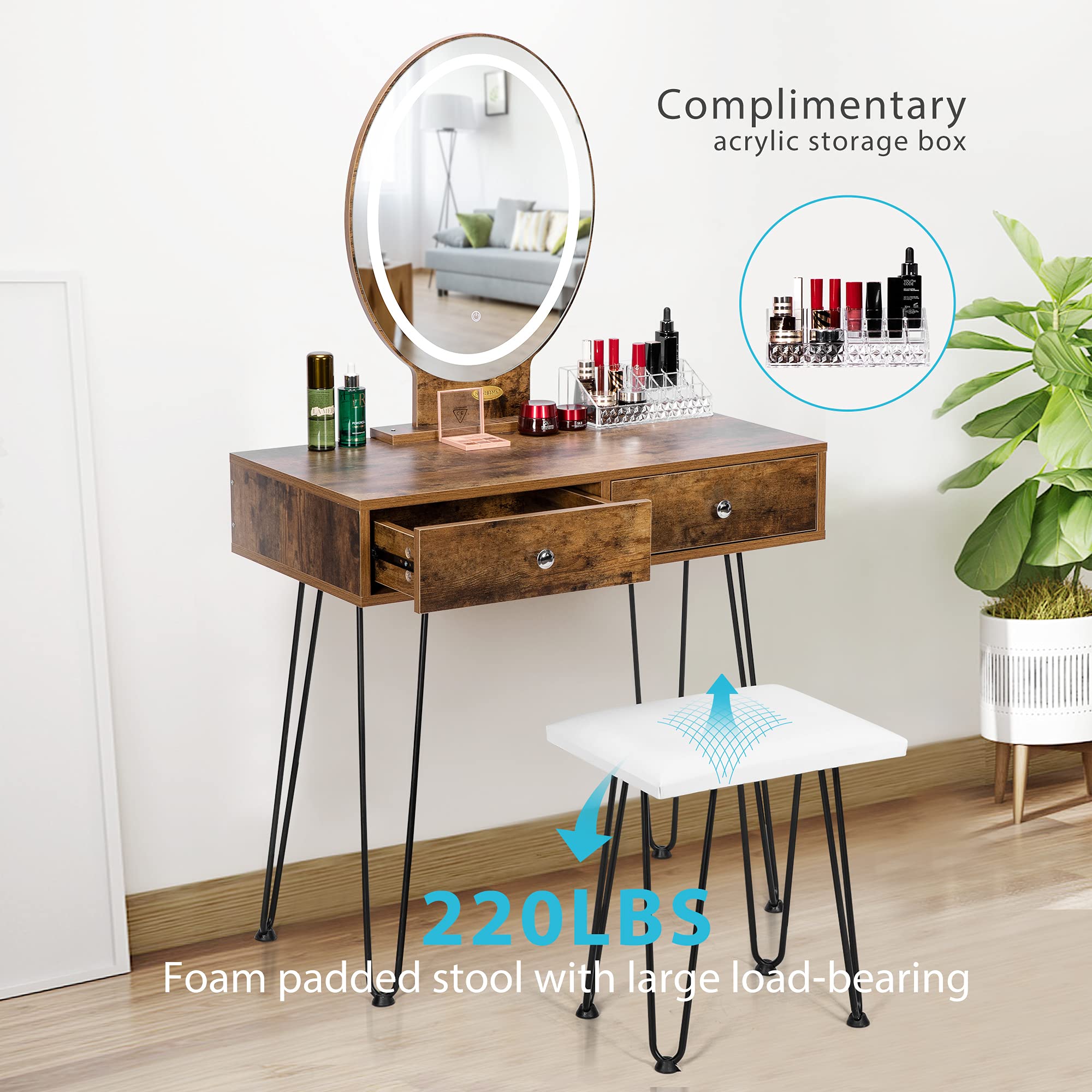 VIVOHOME Industrial Vanity Set with 3-Color Lighted Mirror and Acrylic Makeup Organizer, Dressing Table with PU Cushioned Stool