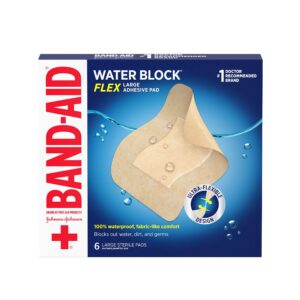 band-aid brand water block flex large adhesive pads, 100% waterproof bandage pads for first-aid wound care of minor cuts, scrapes & wounds, ultra-flexible design, sterile, large, 6 ct