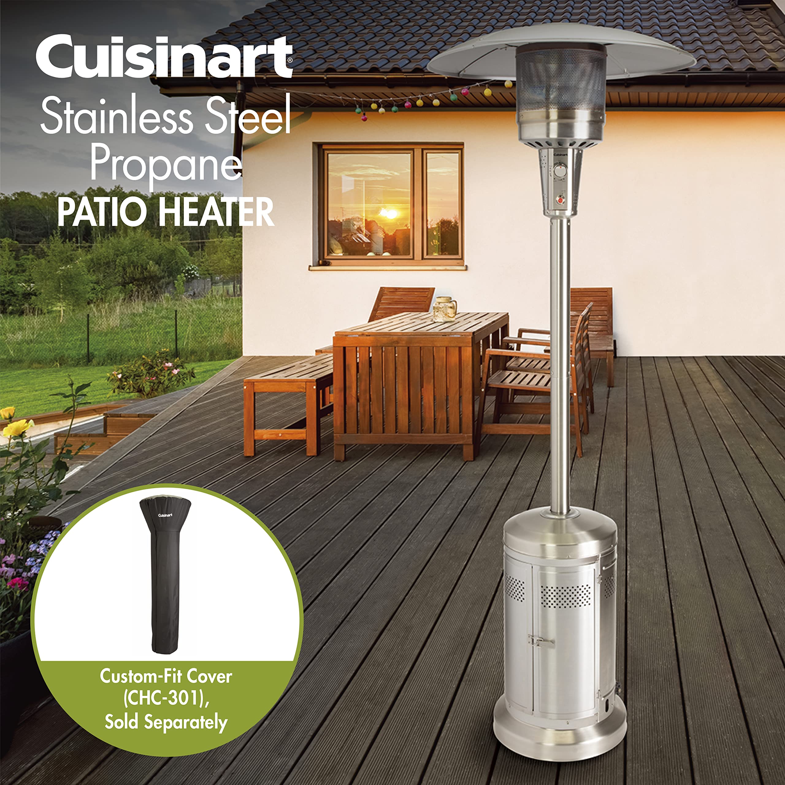 Cuisinart COH-300 Propane Push Start Ignition, 47,000 BTU Burner, Heats up to 200 sq. ft, 32" (L) x 85" (H), Stainless Steel Outdoor Patio Heater