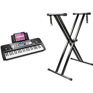 rockjam 54 key keyboard piano with power supply, sheet music stand, piano note stickers & simply piano lessons and adjustable keyboard stand with locking straps & quick release mechanism