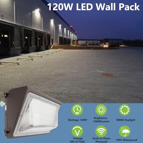 Dimmable 120W LED Wall Pack Light with Dusk to Dawn Photocell,16800LM Outdoor Security Lighting, Commercial Wall Mount Lights for Building