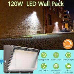 Dimmable 120W LED Wall Pack Light with Dusk to Dawn Photocell,16800LM Outdoor Security Lighting, Commercial Wall Mount Lights for Building