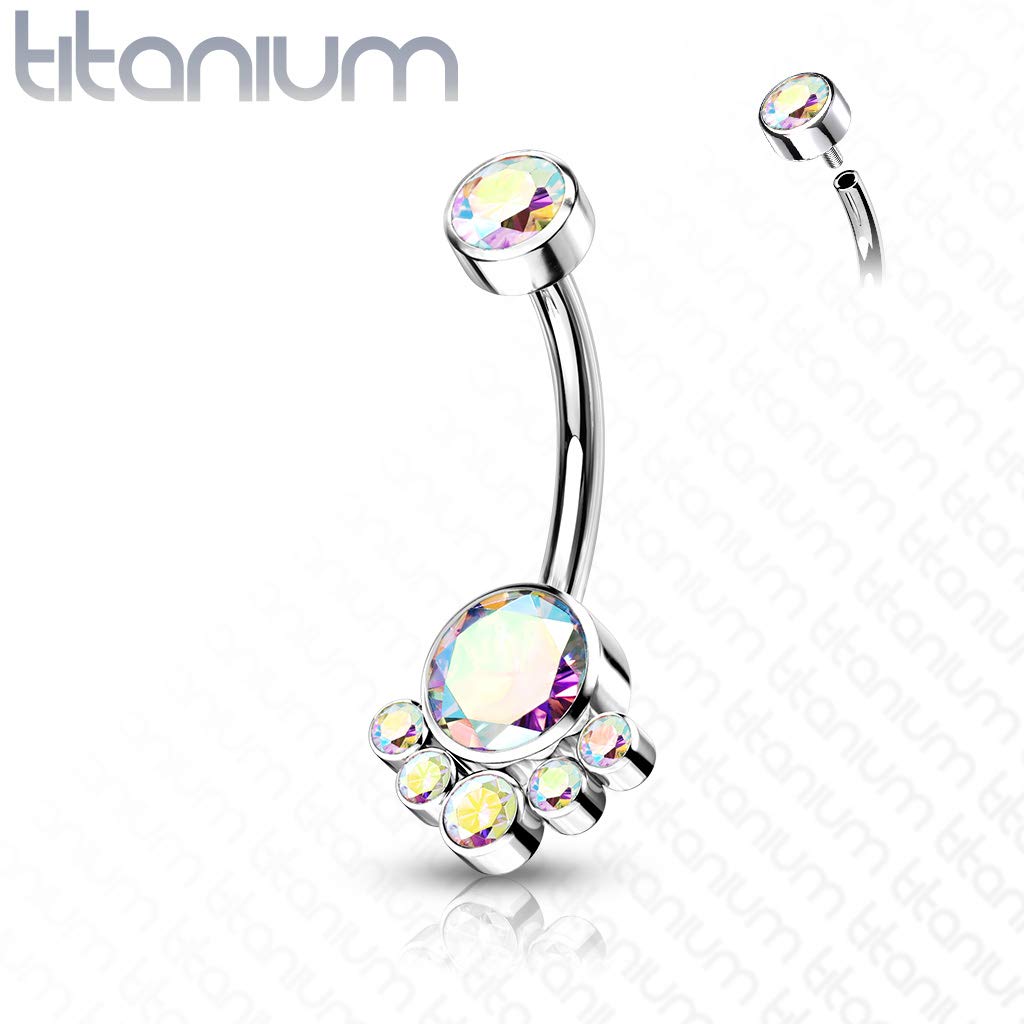 Dynamique Implant Grade Titanium Internally Threaded Top Round Bezel Set CZ Cluster Belly Button Ring (Sold Per Piece)