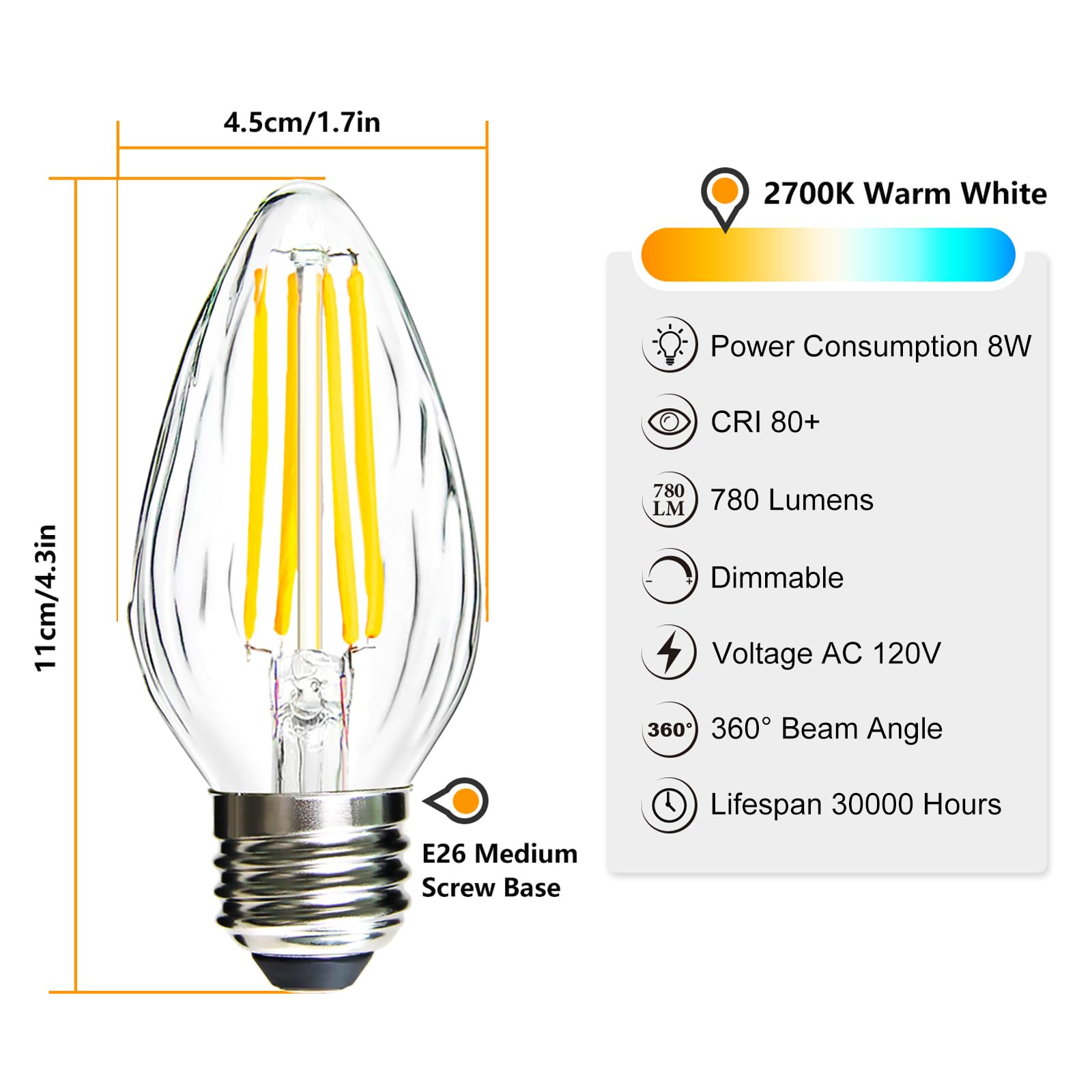 ROMANJOY F15 Dimmable LED Light Bulbs Led Porch Light Bulb 8W Equivalent 80W 2700K Warm White E26 Edison Vintage Bulb Flame Wrinkle Clear Glass Cover for Chandelier Lamp Ceiling Fan,4-Pack…