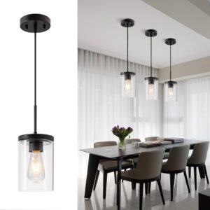 ouvr black pendant light, pendant lights kitchen island with clear glass shade, 1-light adjustable hanging light fixture for kitchen island living room bedroom hallway