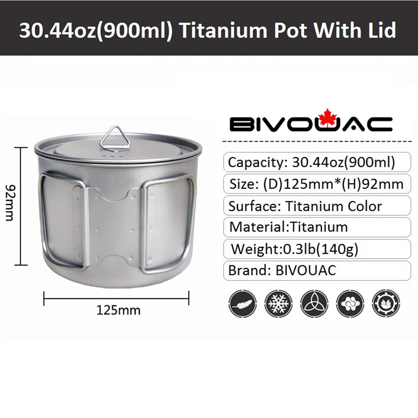 BIVOUAC 900ml Titanium Pot With Lid Titanium Cup titanium camping cookware Camp Pot Titanium Coffee Cup Backpacking