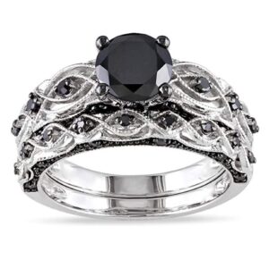 round cut created black diamond milgrain engagement bridal ring set 14k white gold plated 925 sterling silver