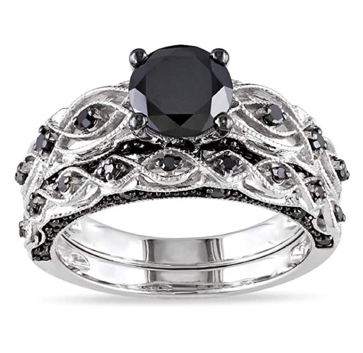 Round Cut Created Black Diamond Milgrain Engagement Bridal Ring Set 14k White Gold Plated 925 Sterling Silver