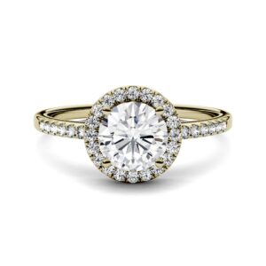 charles & colvard created moissanite 6.5mm round cut engagement ring for women | 1.3 cttw dew | lab grown | solid 14k yellow gold | size 5.5