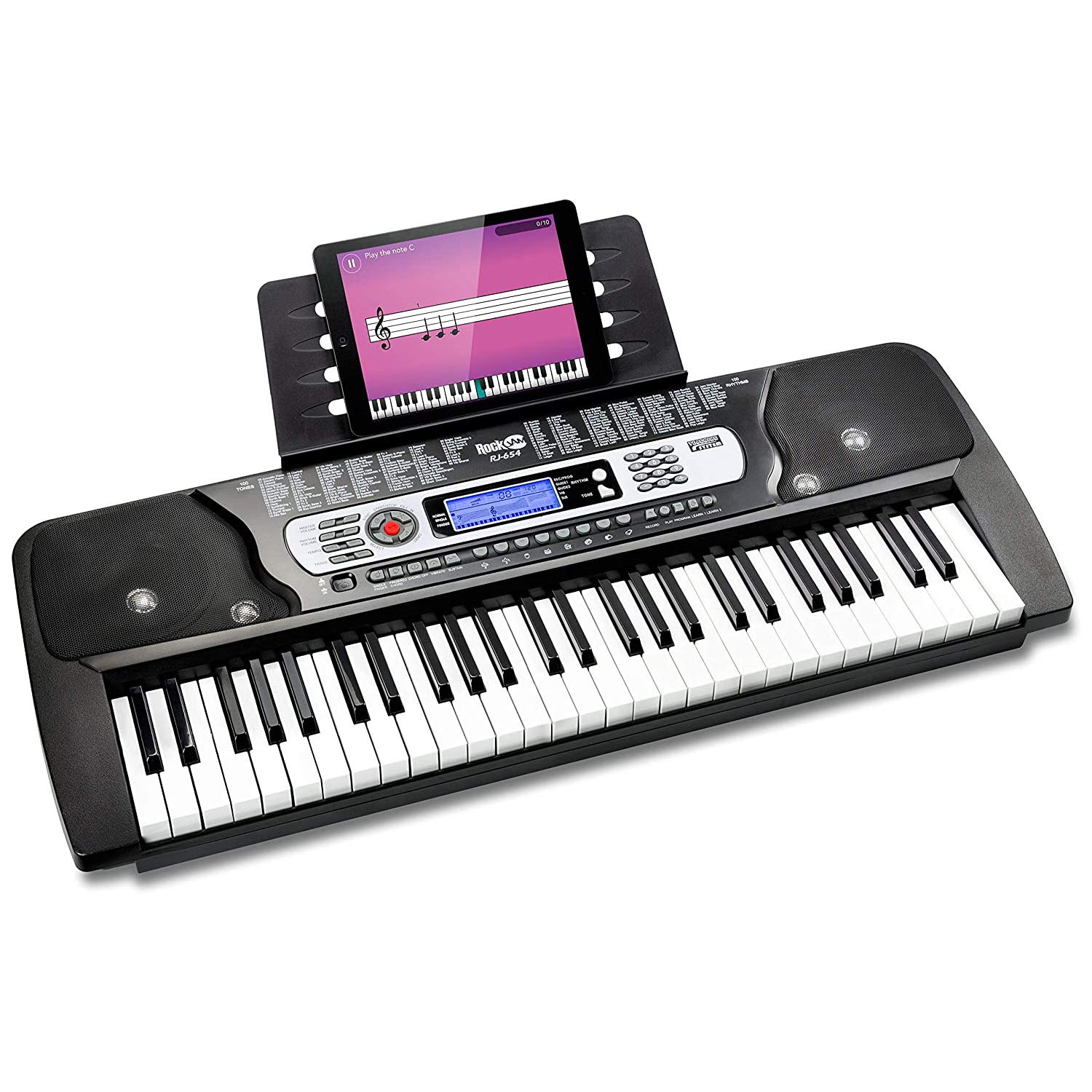 RockJam 54 Key Keyboard Piano with Power Supply, Sheet Music Stand, Piano Note Stickers & Simply Piano Lessons and Adjustable Keyboard Stand with Locking Straps & Quick Release Mechanism