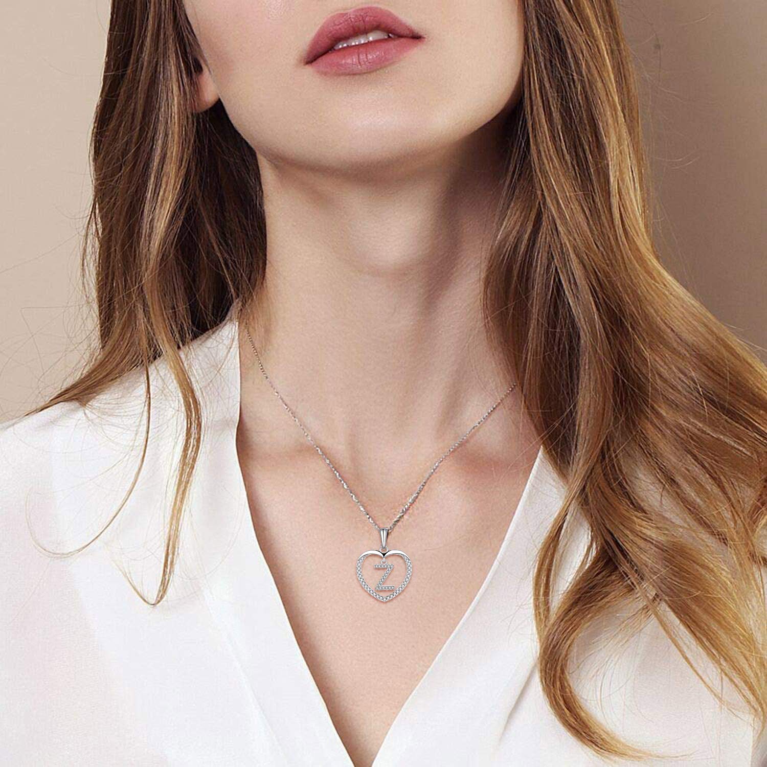 JO WISDOM Women Heart Necklace,925 Sterling Silver 26 Initial Letters Alphabet Z Pendant Necklace with 3A Cubic Zirconia Personalized Jewelry Gift