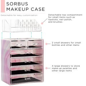 Sorbus Clear Cosmetic Makeup Organizer - Make Up & Jewelry Storage, Case & Display - Spacious Design - Great for Dresser, Bathroom, Vanity & Countertop (4 Large, 2 Small Drawers) [Tie Dye Print]