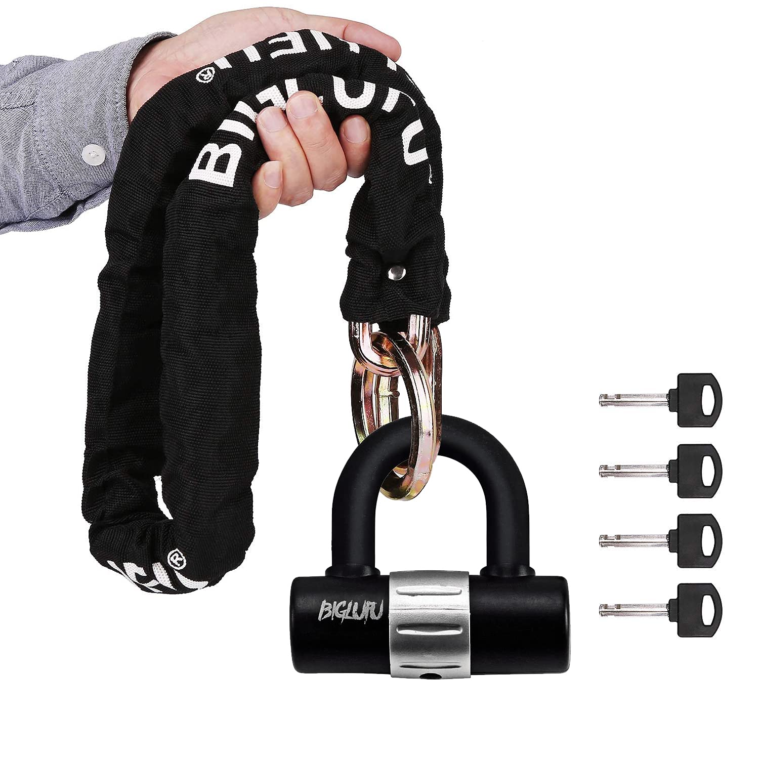 Motorcycle Chain Locks, BIGLUFU 3.3ft/100cm Heavy Duty Long Security Chain, Cut Proof 0.39 inch/10mm Thick Square Chains with 0.63inch/16mm U Lock, Bike Chain Locks for Motorbike, Scooter, Moped