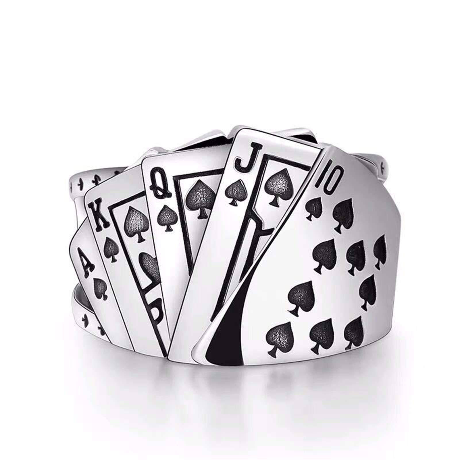 Punk Silver Plated Poker Ring Adjustable Ace of Spades Open Ring Gothic Hip Hop Playing Card Spades Poker Ring Jewelry for Women Men-B